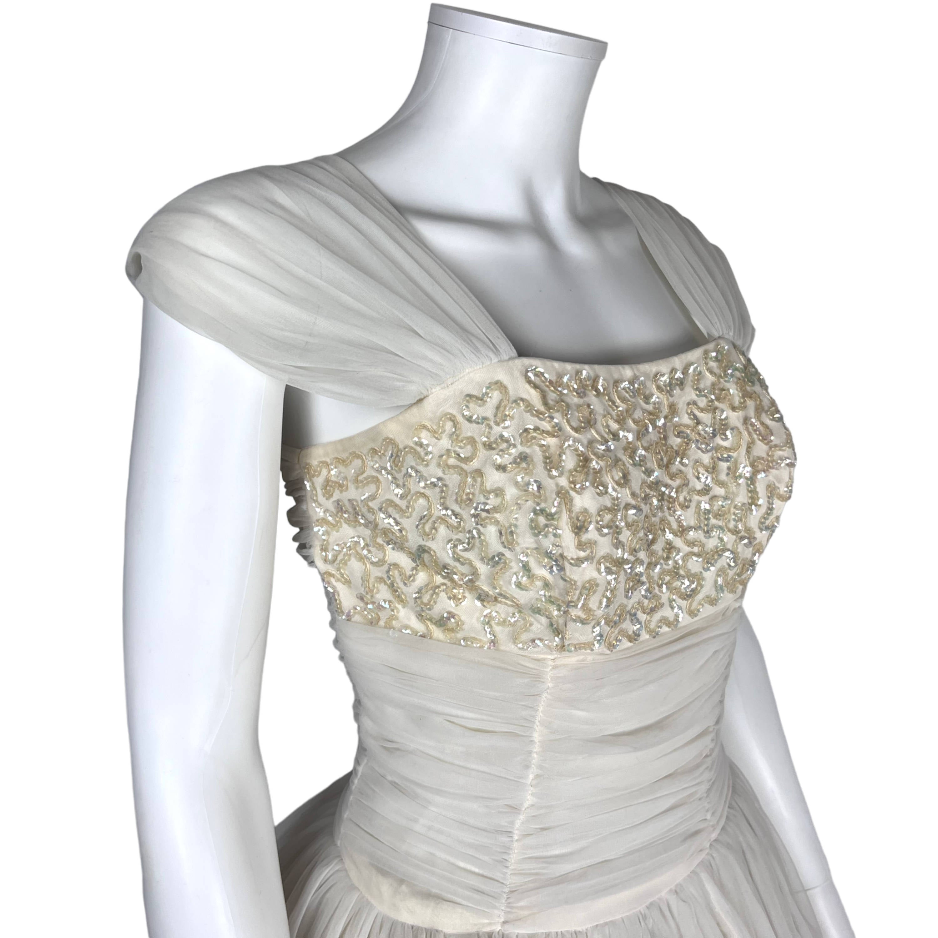 Vintage 50s Party Dress White Nylon Chiffon Sequinned Bust S