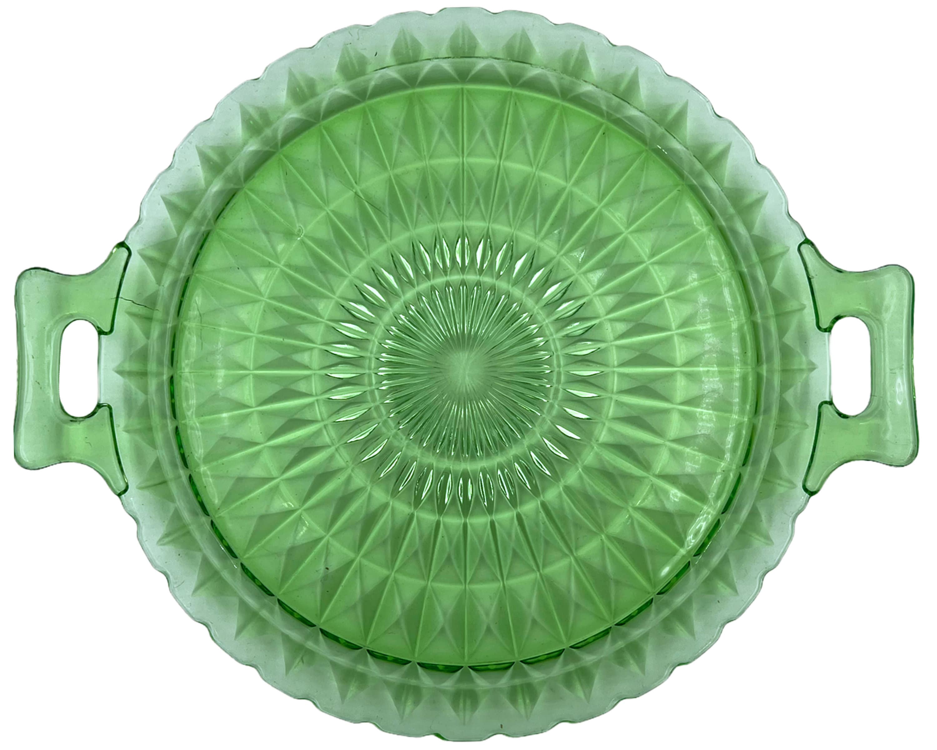 Vintage 1930s Windsor Depression Glass Green Vaseline Cake Plate Handled