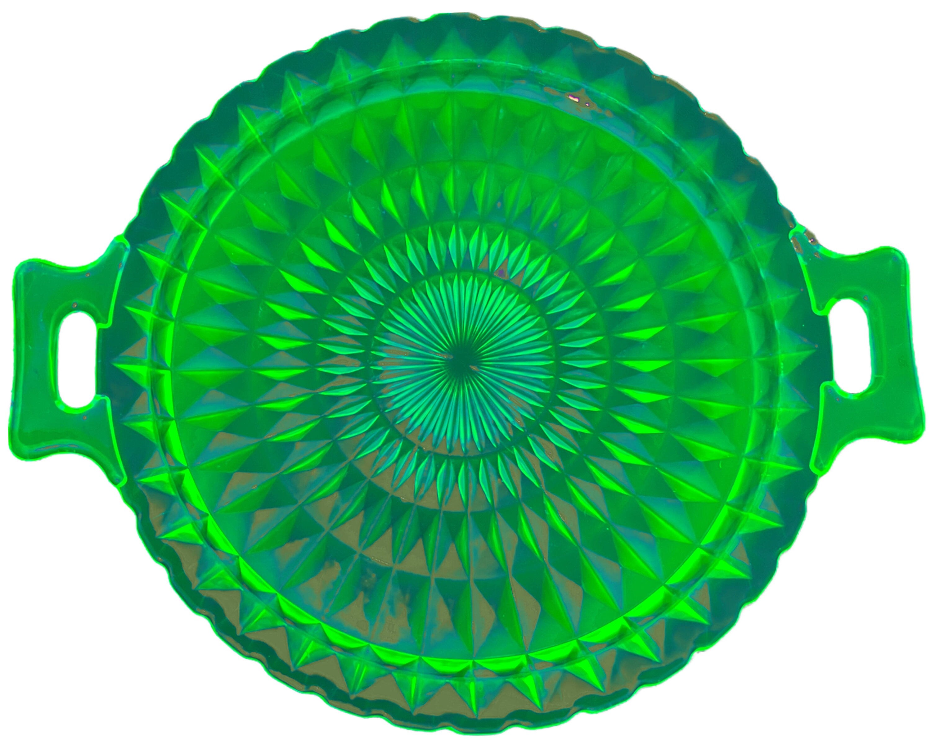 Vintage 1930s Windsor Depression Glass Green Vaseline Cake Plate Handled