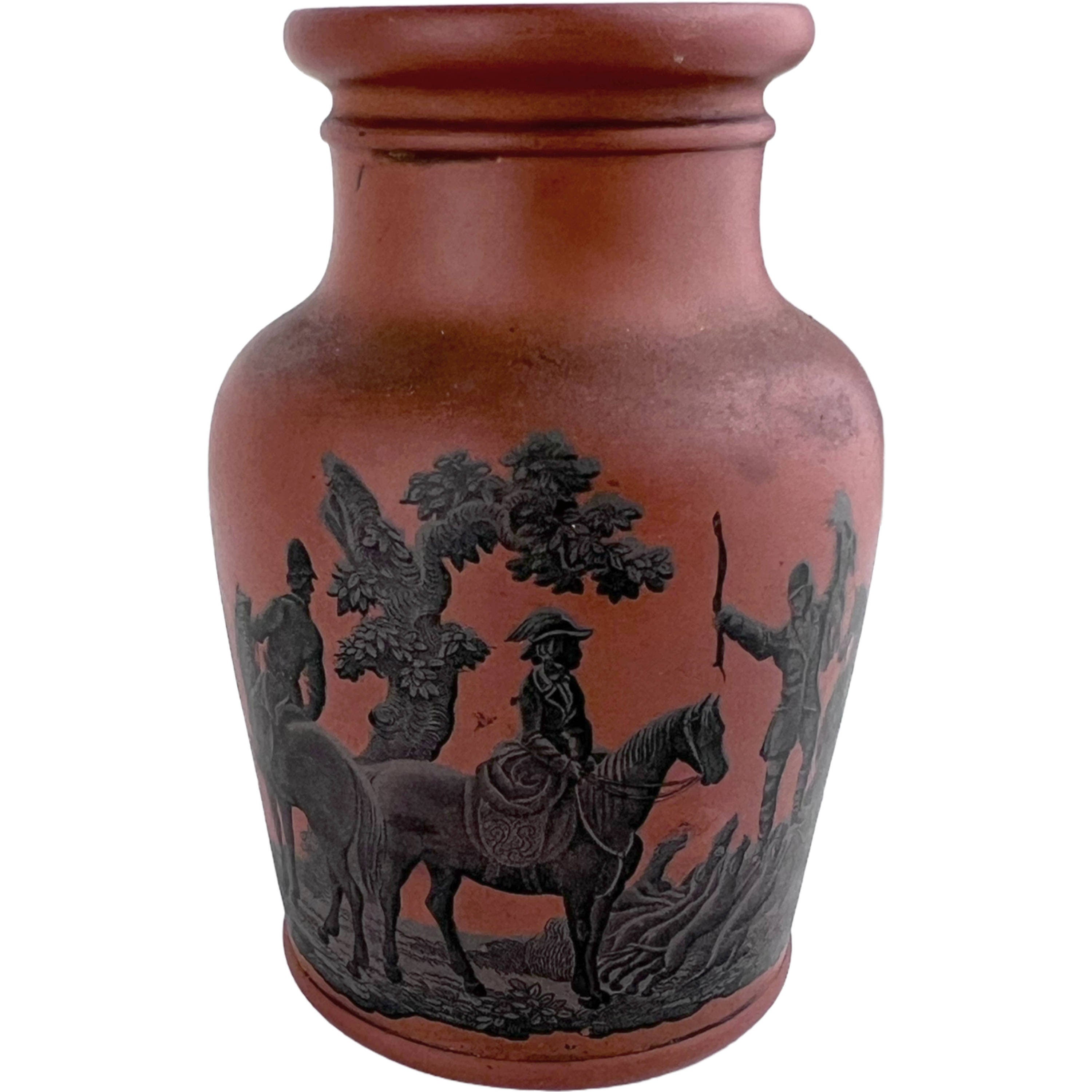 Antique Pratt Ware Terra Cotta Pottery Jar Fox Hunting 1856 Meat Paste