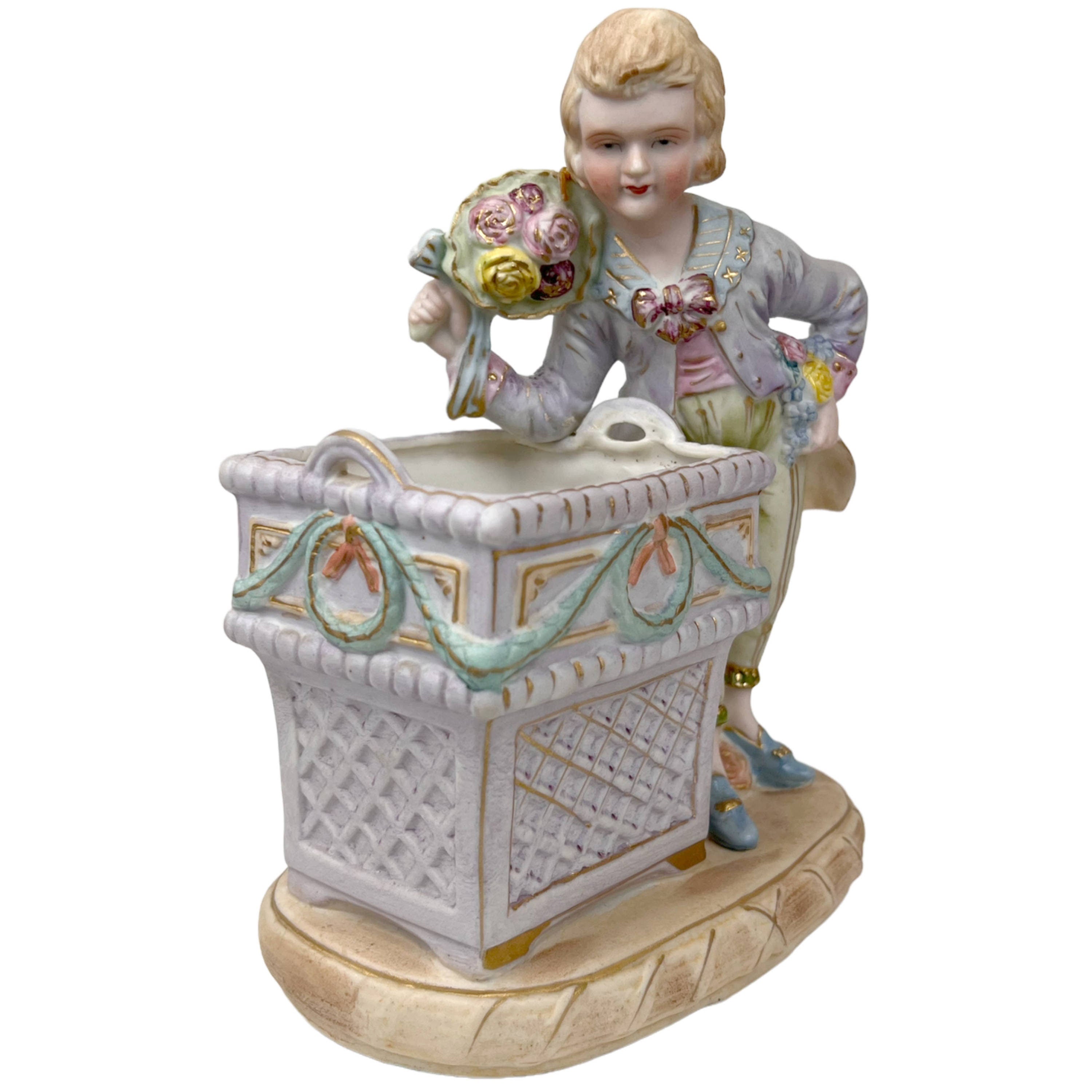 Vintage Bisque Porcelain Figural Planters Potpourri Boy & Girl Figurines