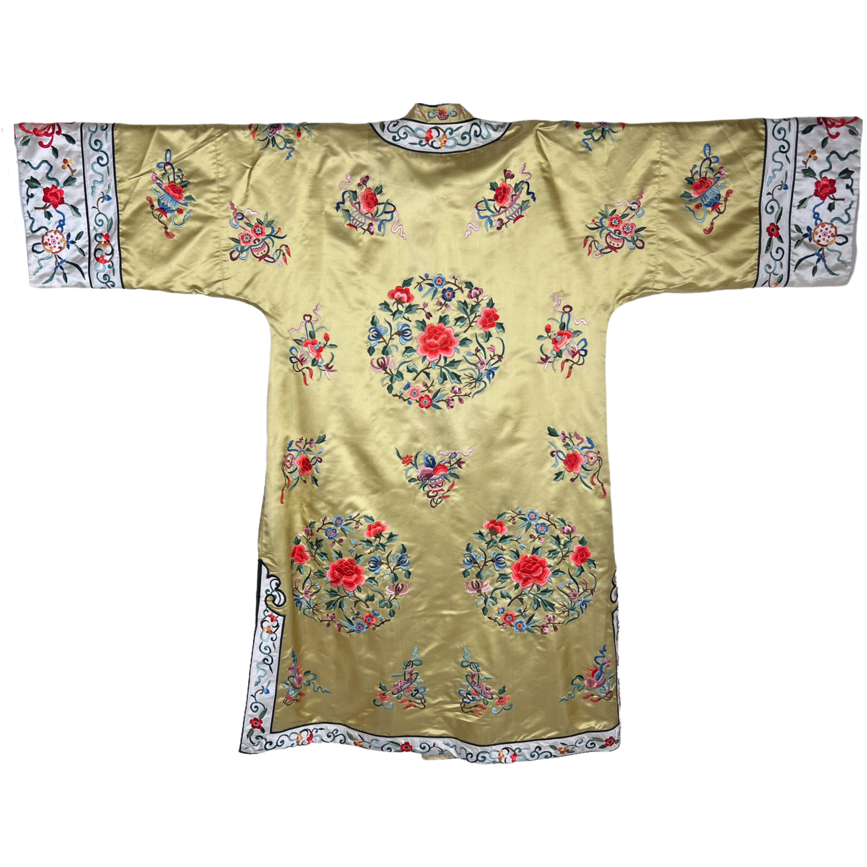 Vintage Chinese Silk Robe Hand Embroidered Floral Motifs