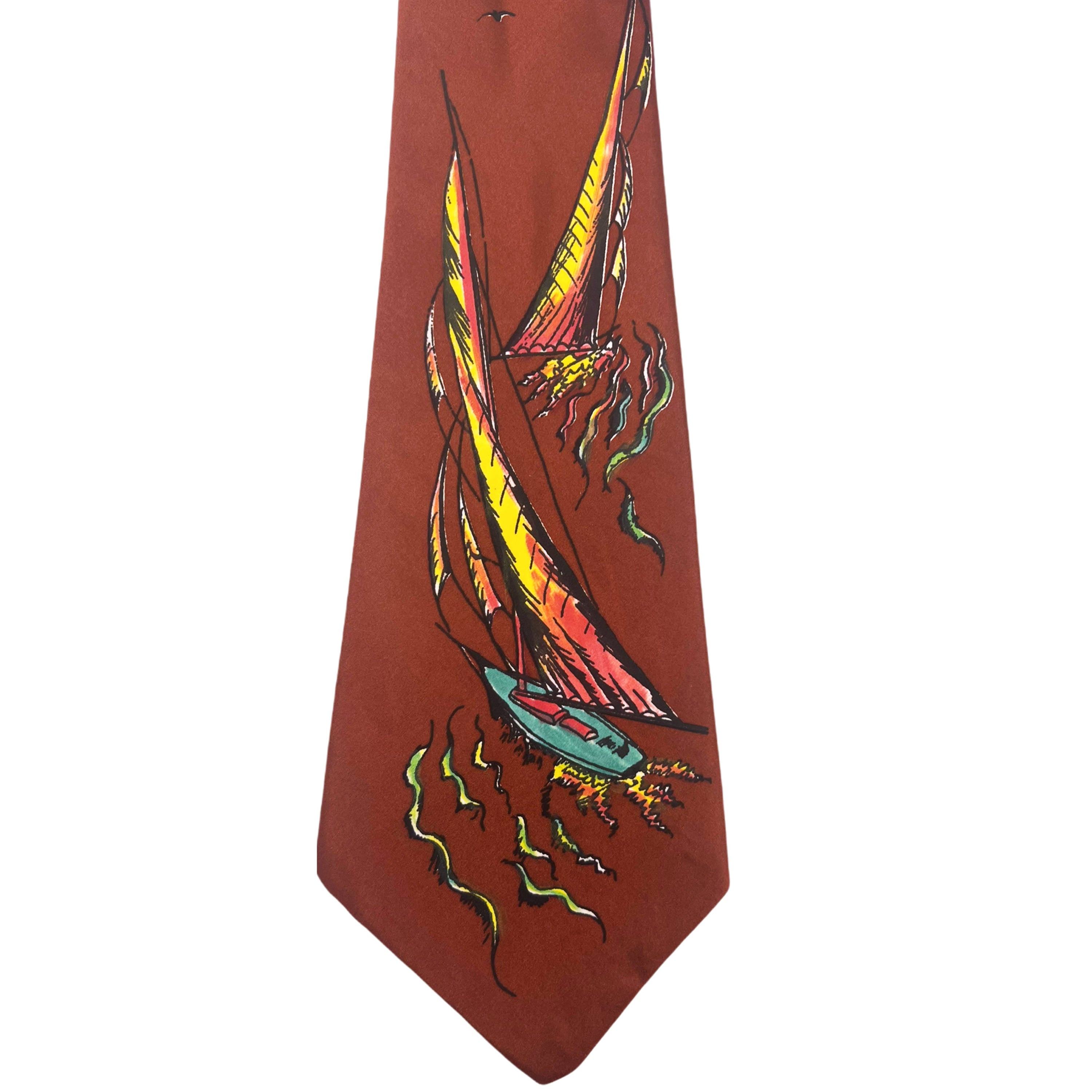 Vintage 1940s Hand Painted Tie Sailboat Swing Necktie Signed