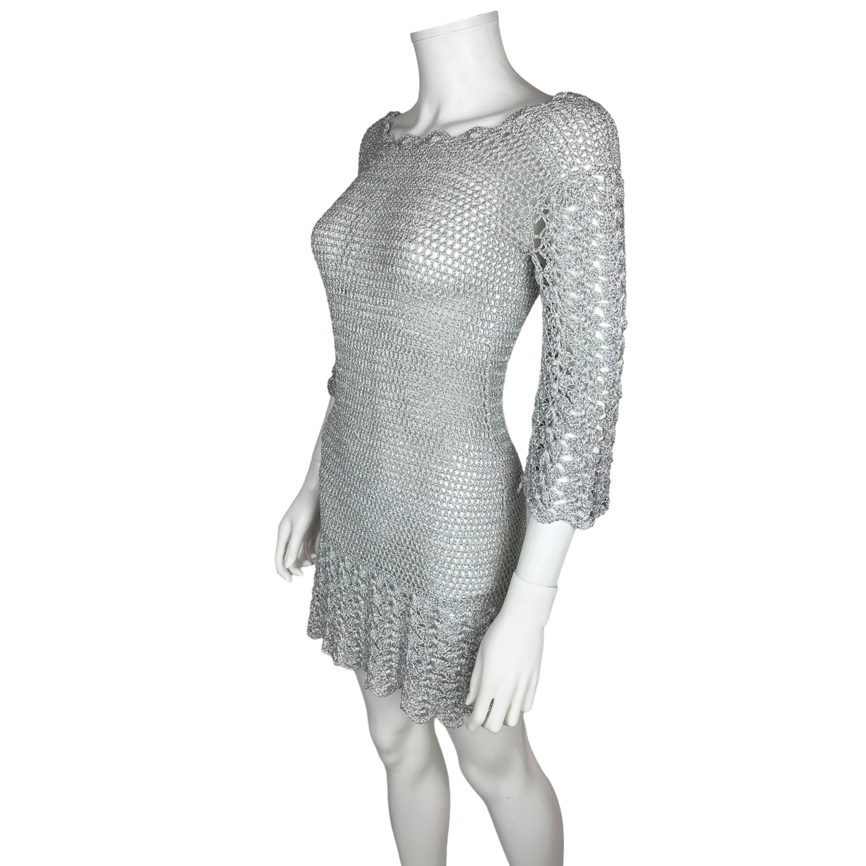 Vintage 1960s Mini Dress Silver Knit GoGo Discotheque Size M