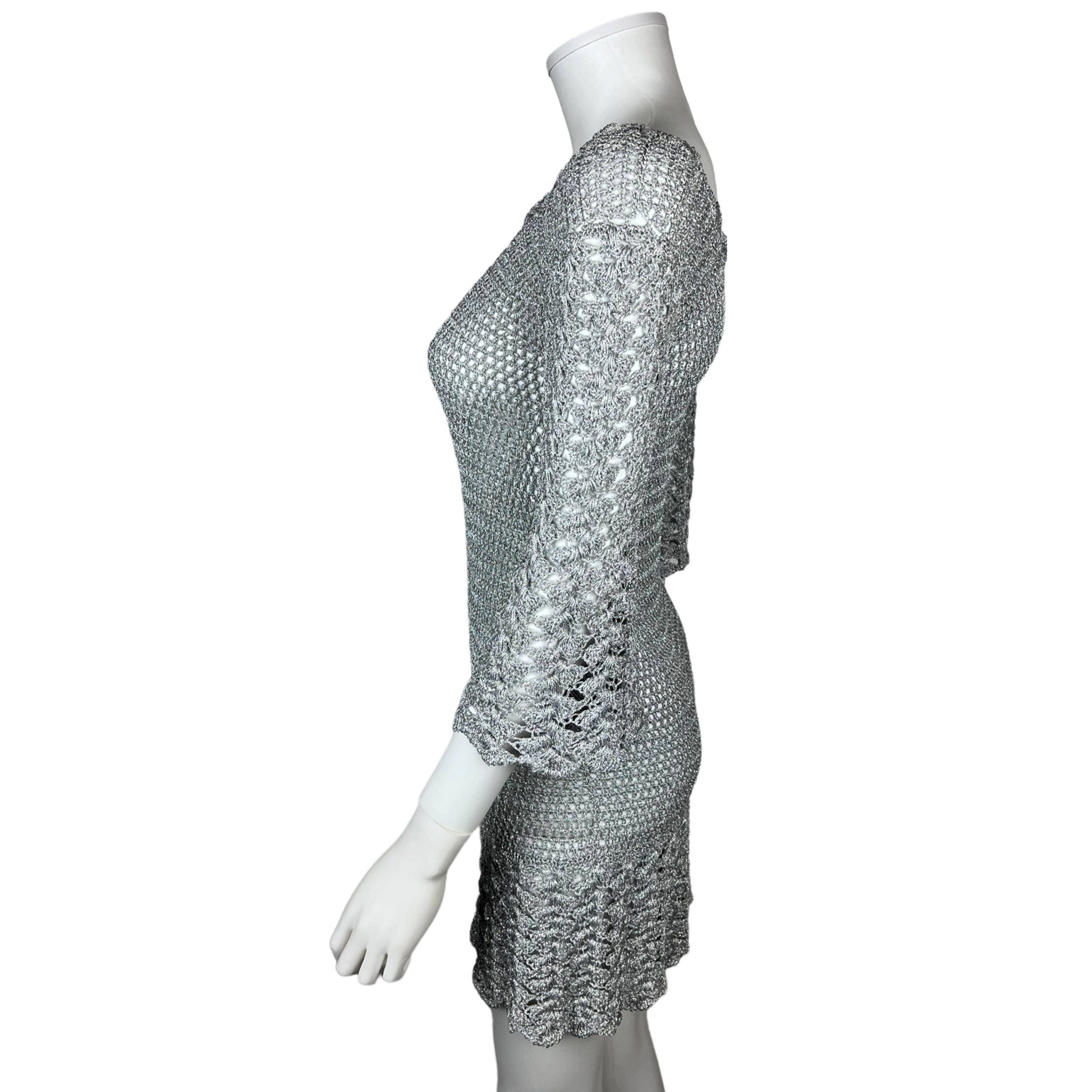 Vintage 1960s Mini Dress Silver Knit GoGo Discotheque Size M