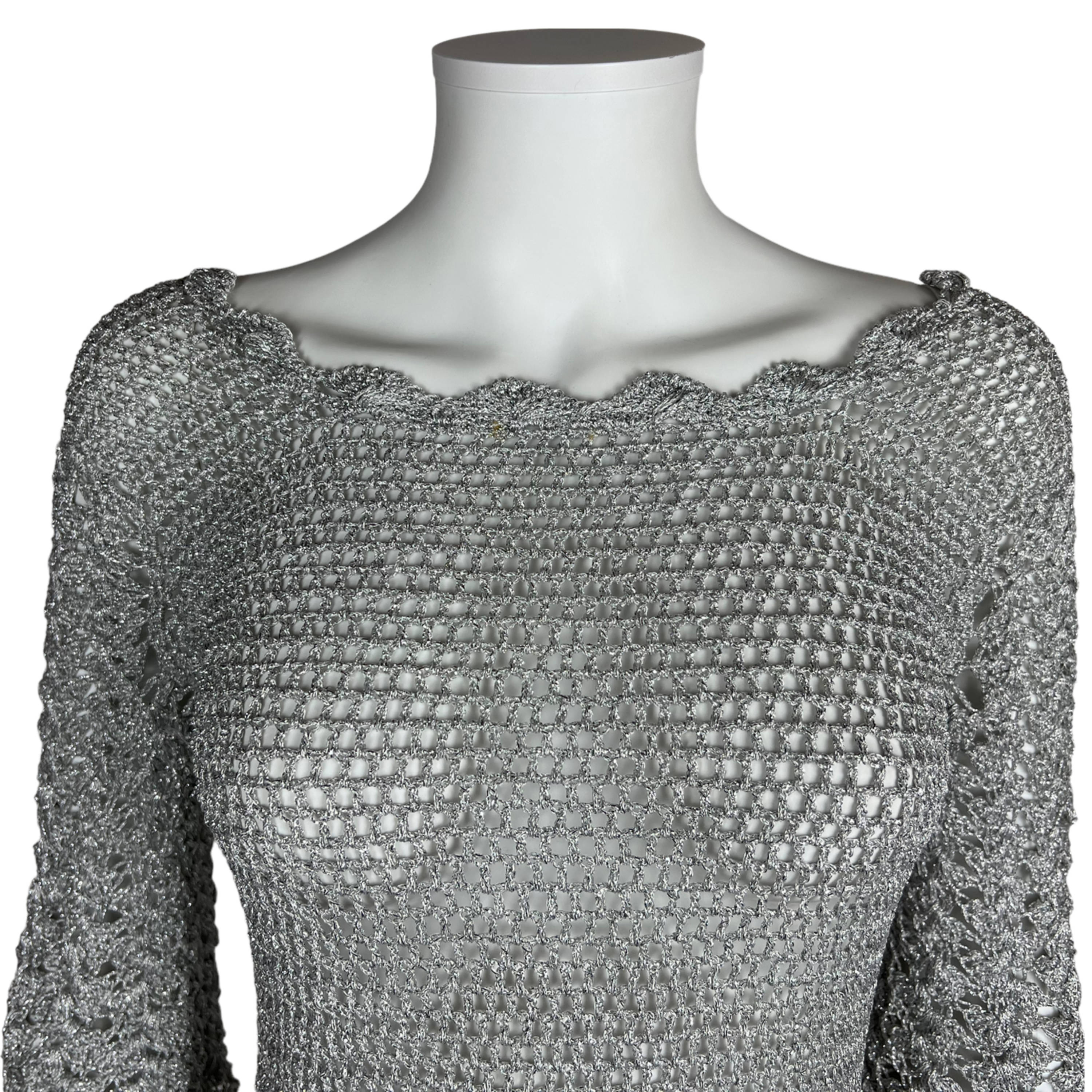 Vintage 1960s Mini Dress Silver Knit GoGo Discotheque Size M