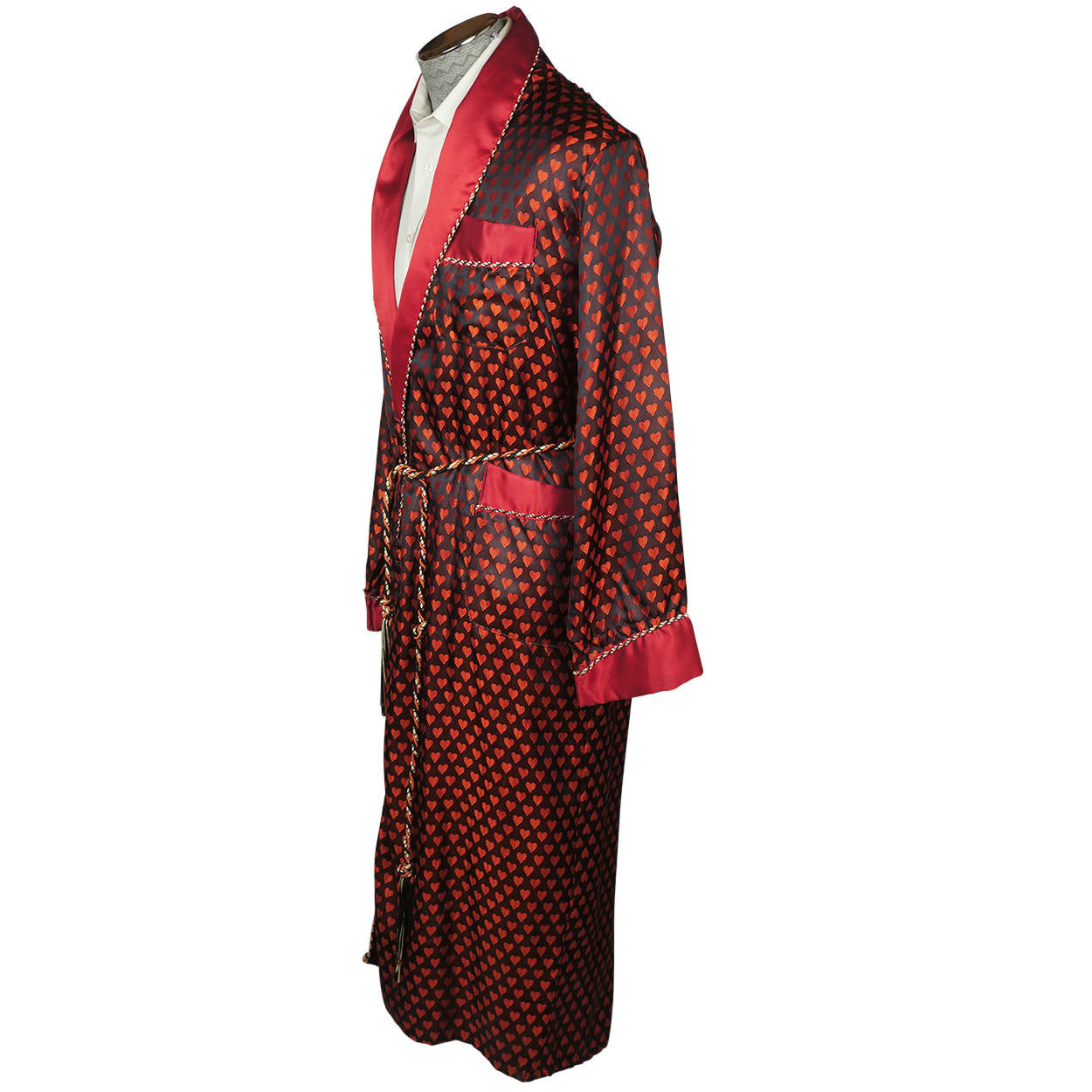 Vintage Mens Dressing Gown Woven Satin Robe with Hearts - Size M
