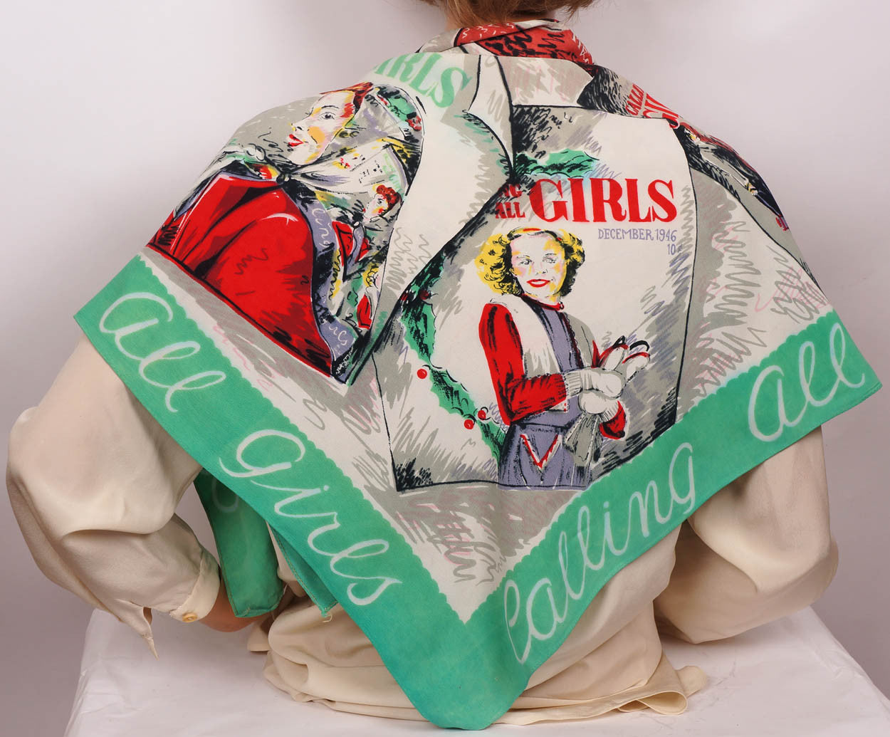 Vintage 1940s Novelty Print Scarf Calling All Girls Magazine Covers