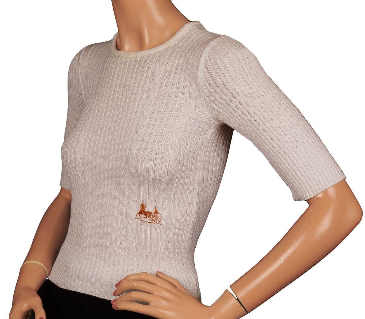 Vintage 1970s Celine White Sweater - Cotton Rib Knit Pullover - XS