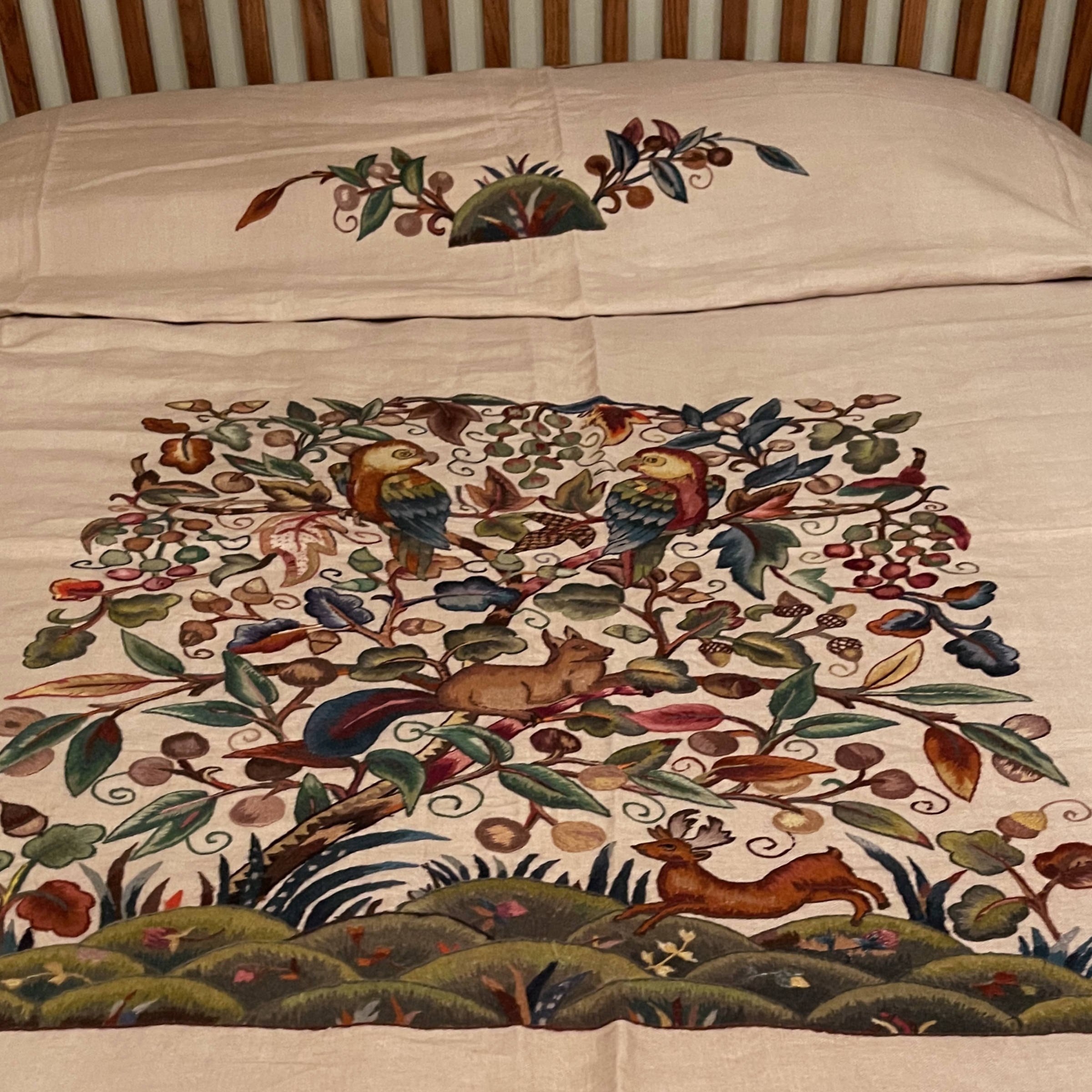Vintage 1920s Crewel Embroidery Bedspread Embroidered Linen