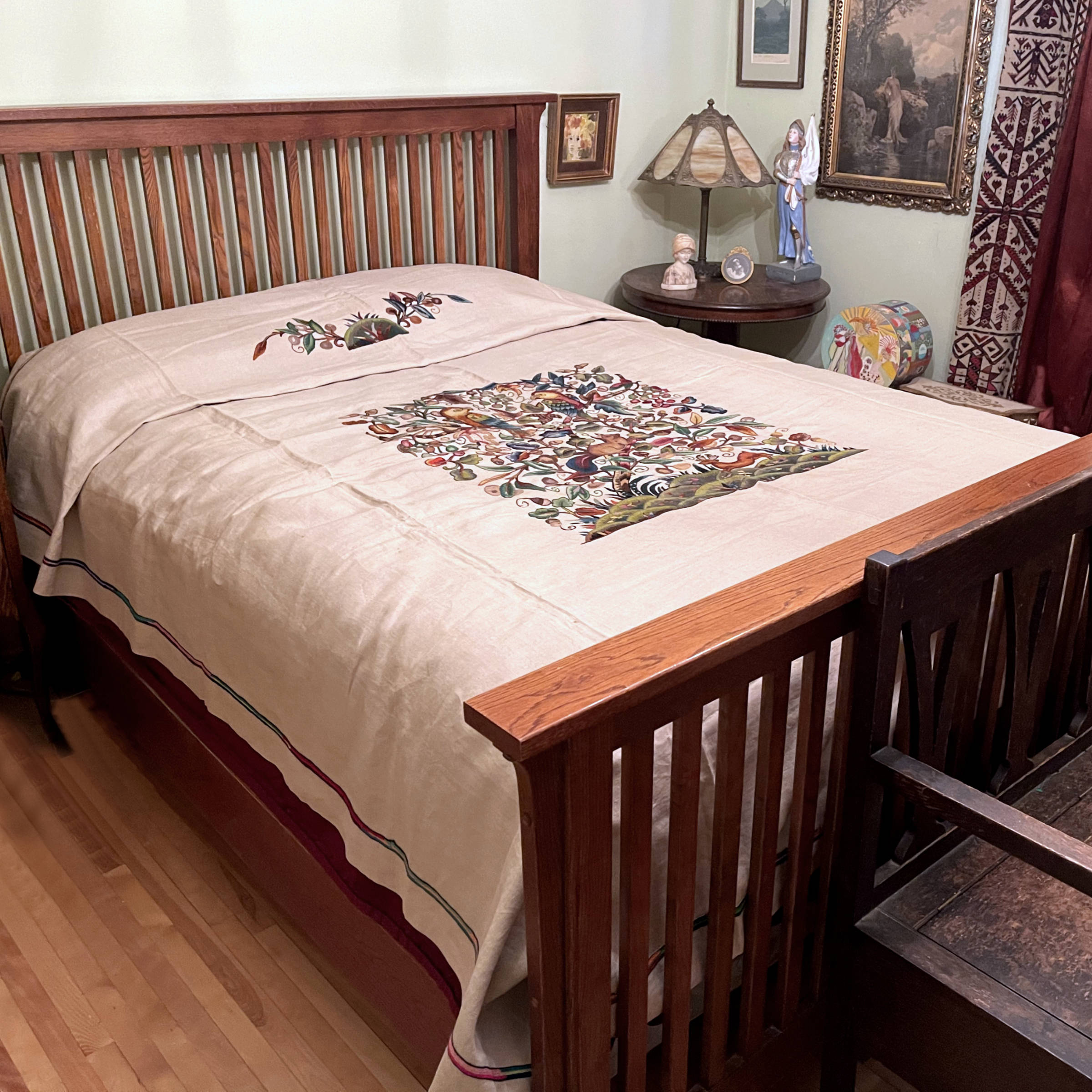 Vintage 1920s Crewel Embroidery Bedspread Embroidered Linen