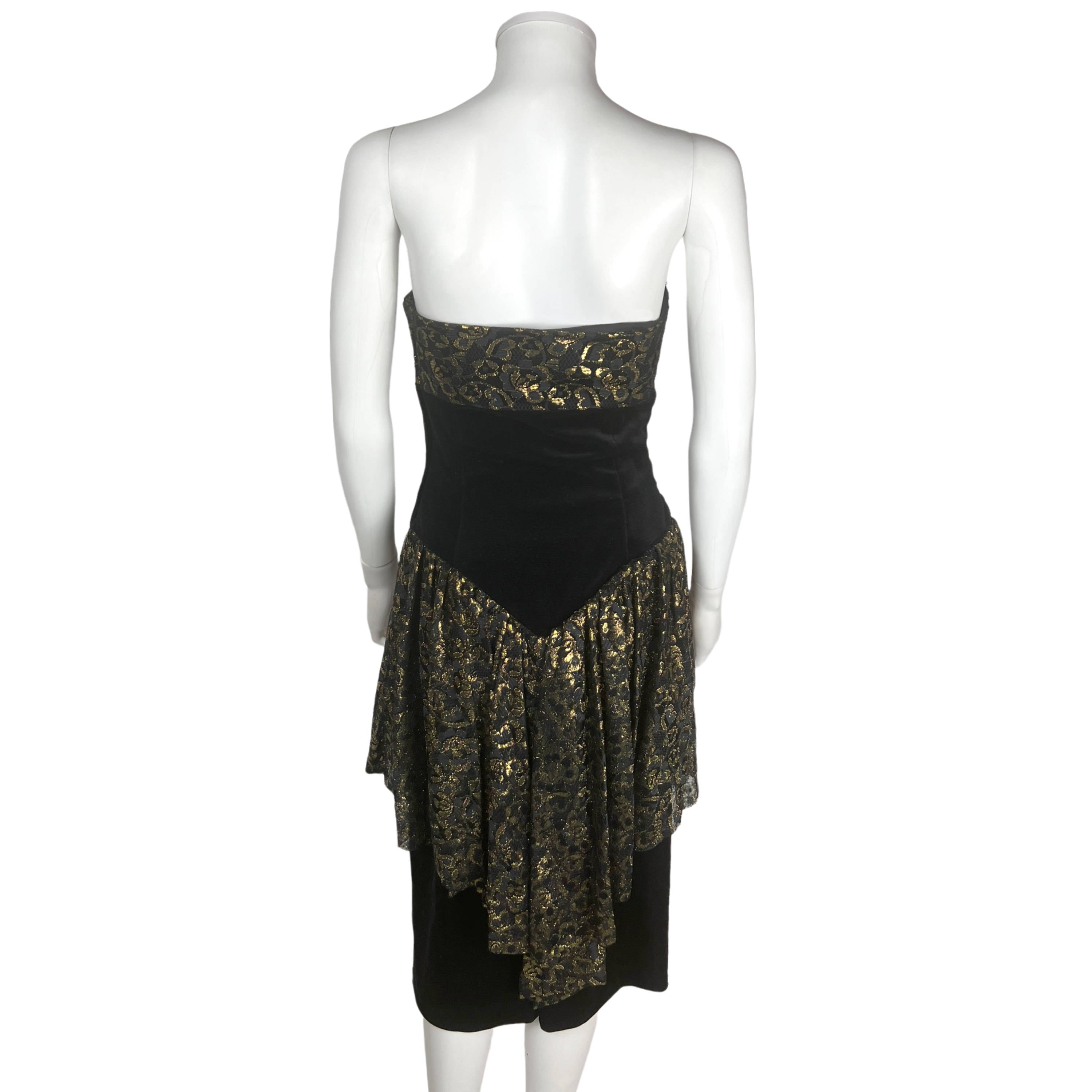 1980s Vintage Frank Usher Dress Gold Lace & Black Velvet M