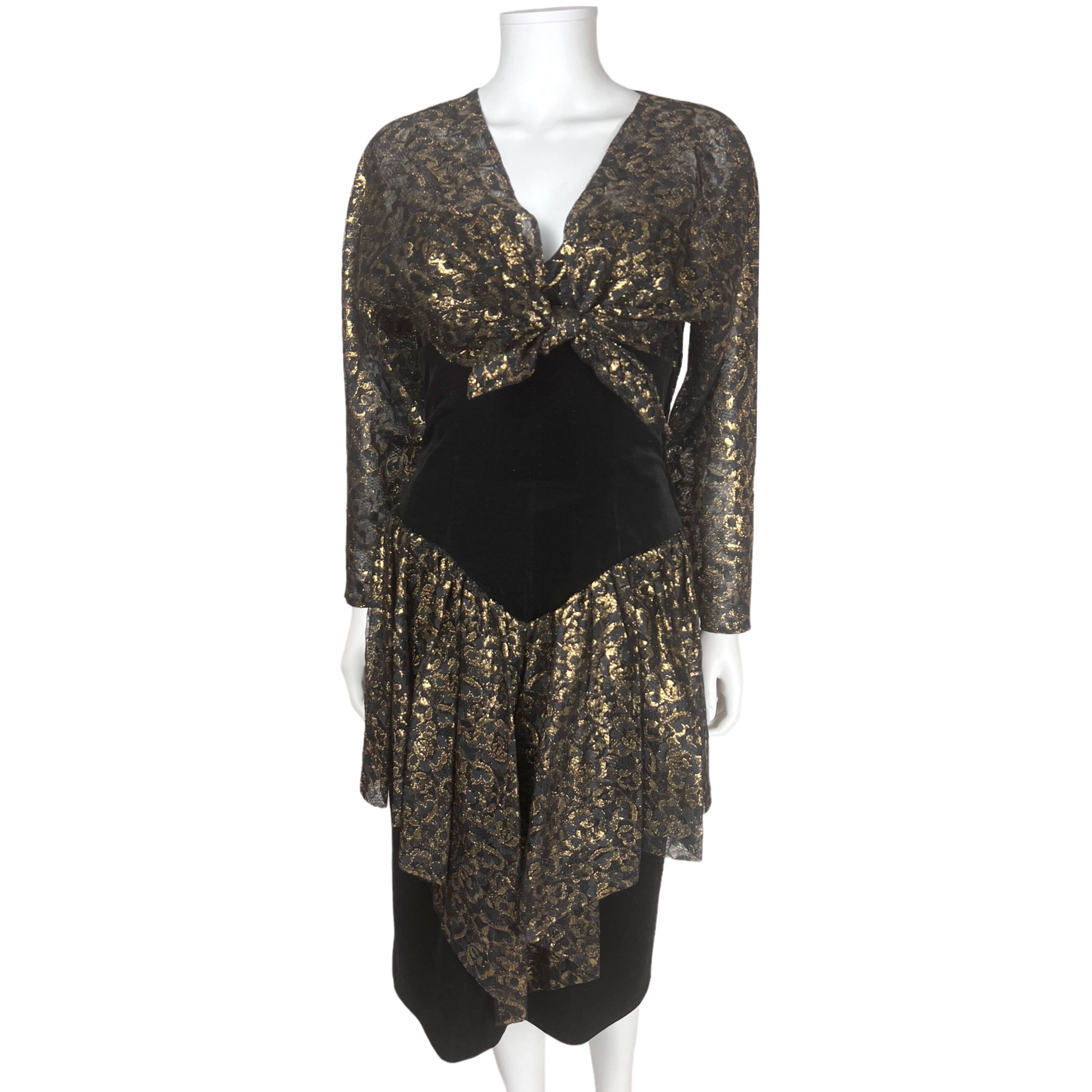 1980s Vintage Frank Usher Dress Gold Lace & Black Velvet M