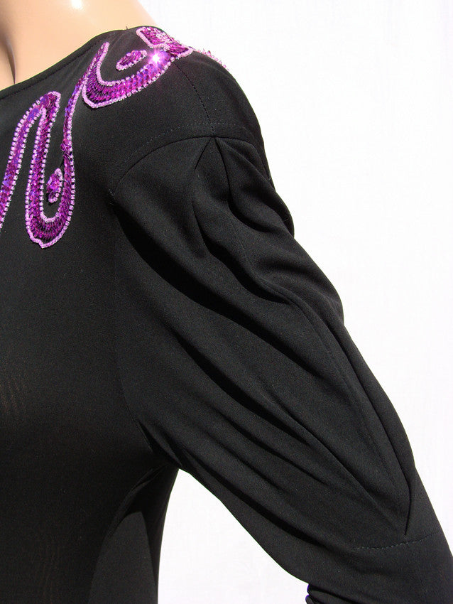 Vintage 1980s Jean Muir Dress - Black Rayon Jersey w Pink Sequins