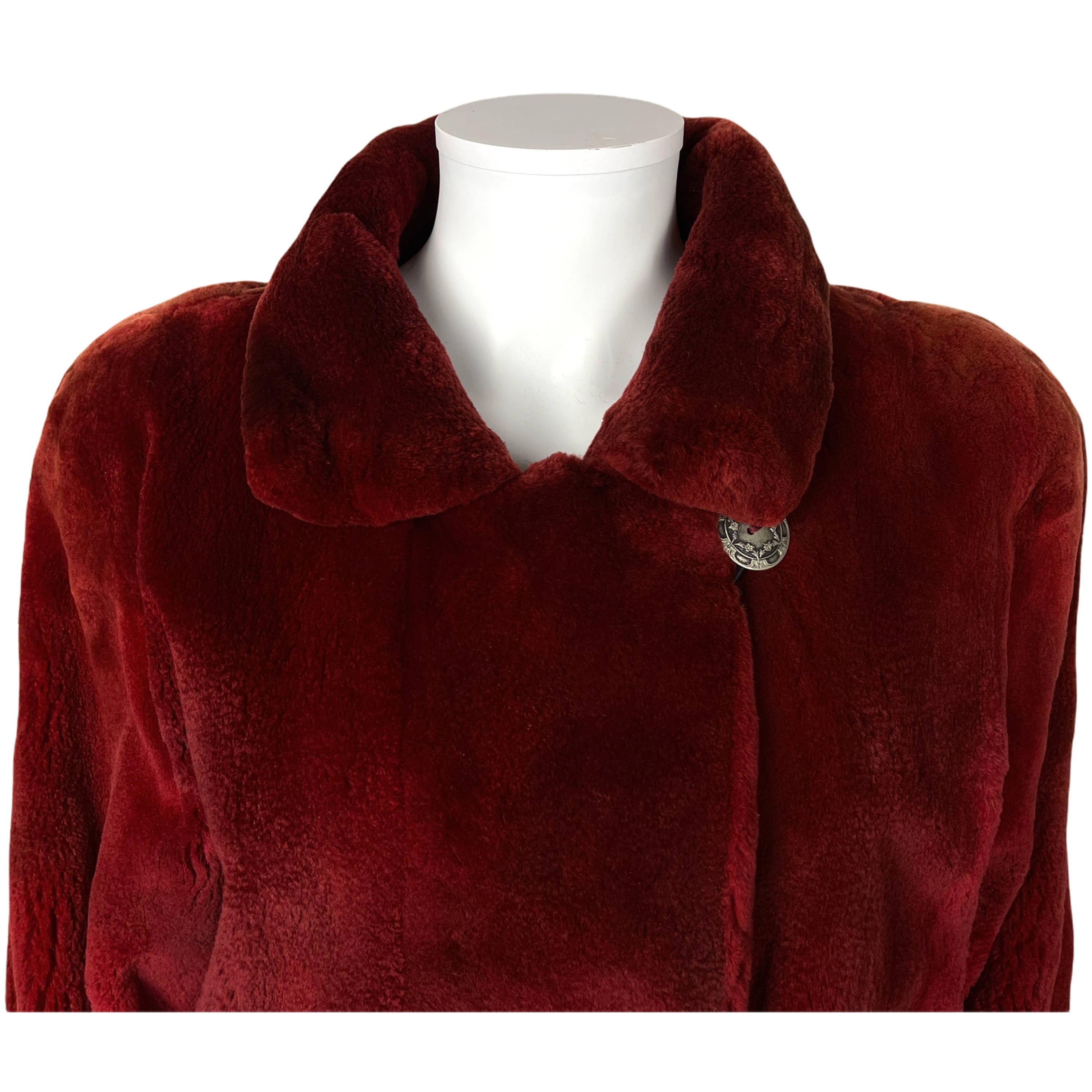 Vintage 1980s Red Dyed Sheared Rabbit Fur Coat Size M