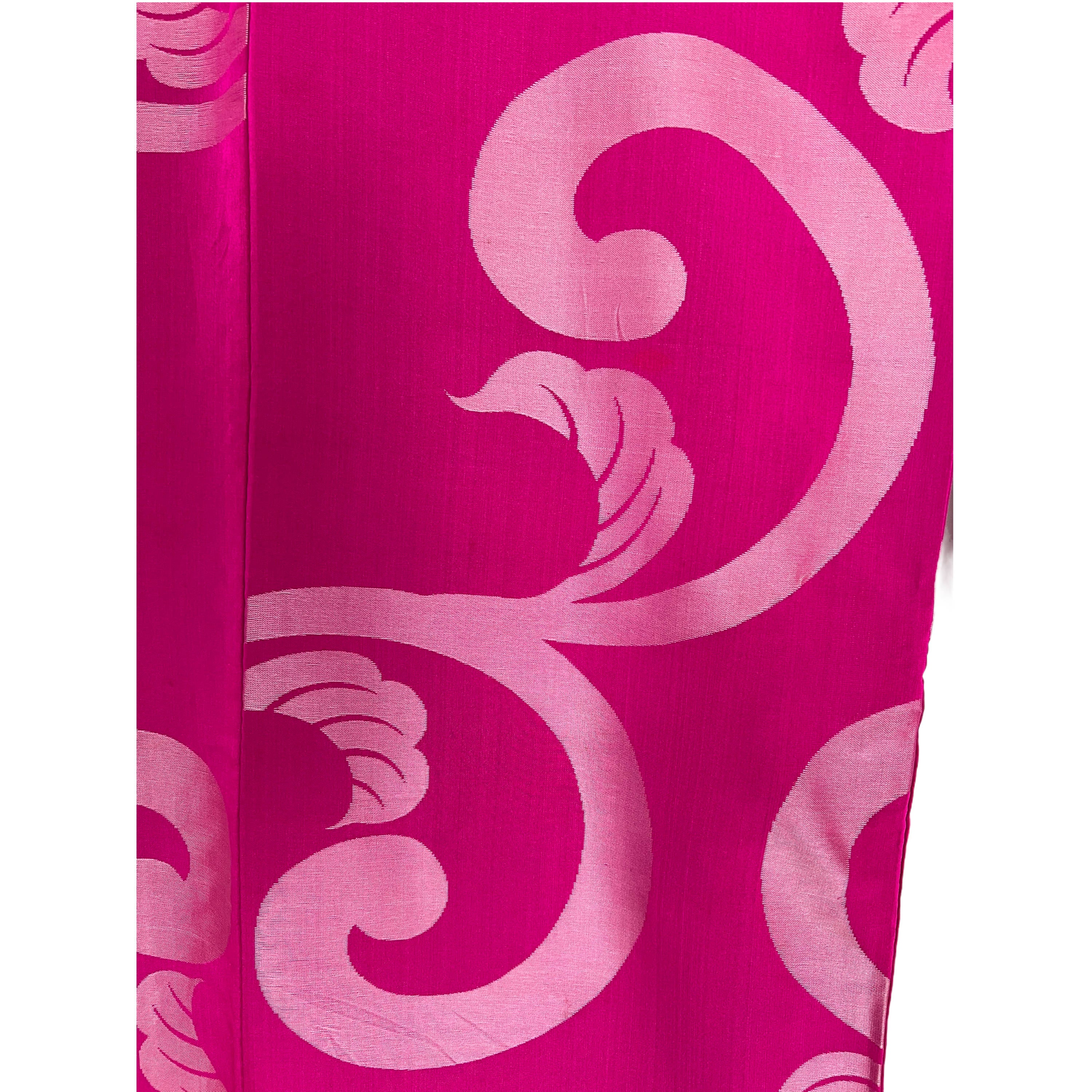 Vintage Japanese Silk Kimono Hot Pink w Satin Swirl Pattern