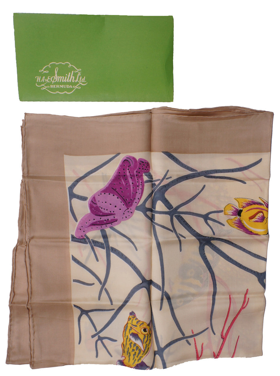 Vintage Unused Silk Scarf Reef Fish by Roy Taylor Bermuda for HA & E Smith