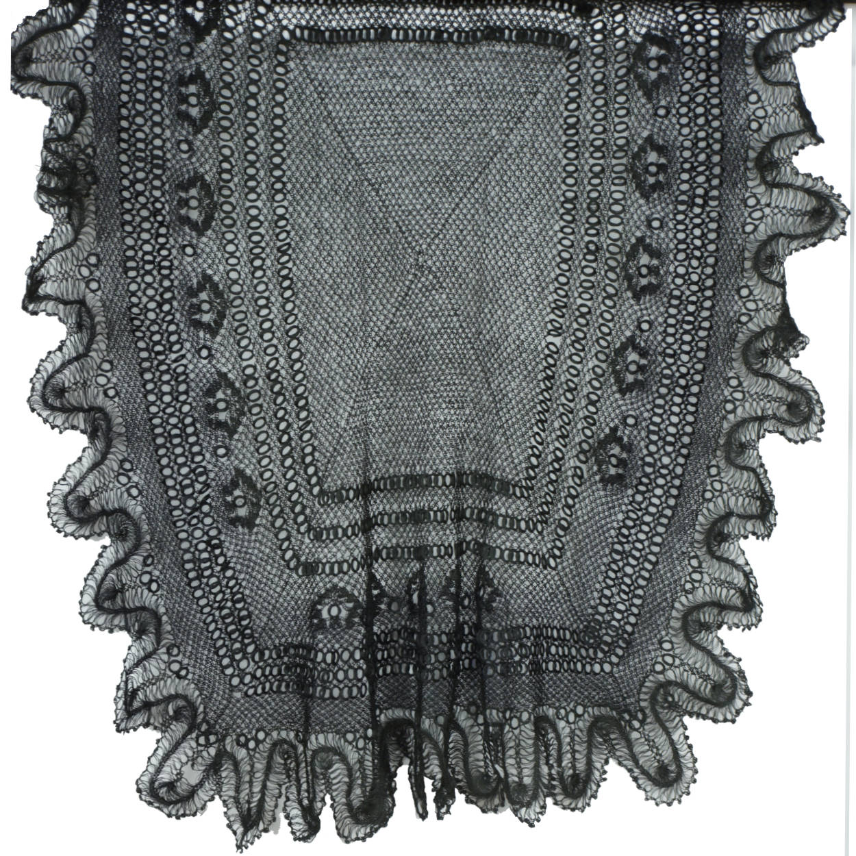 Antique Victorian Mourning Shawl Ring Knit Wool with Hairpin Edges