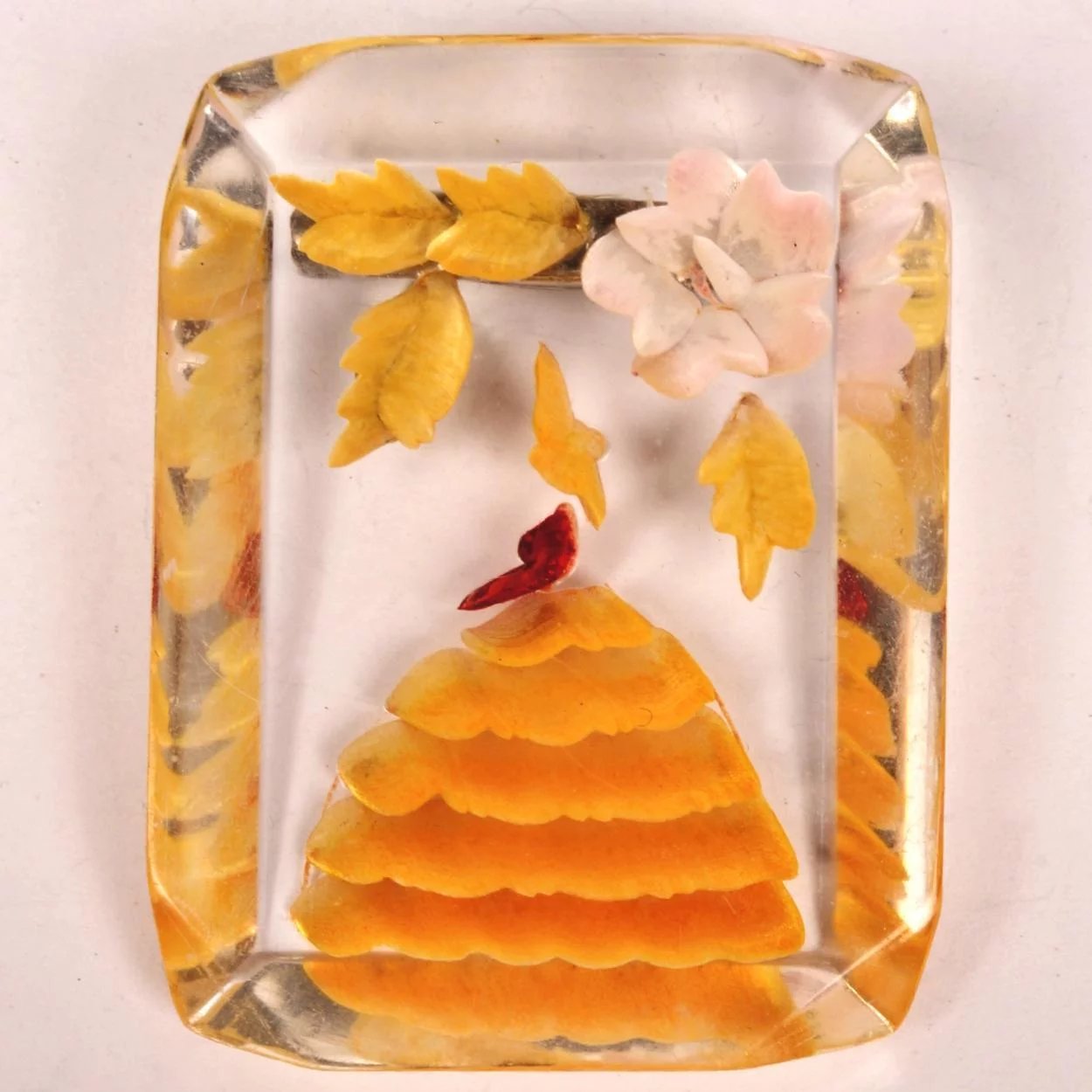 Vintage Reverse Carved Lucite Brooch Painted Crinoline Lady